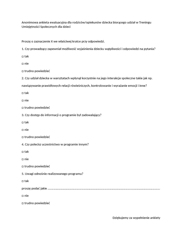 Ankieta Ewaluacyjna Dla Rodziców TUS | PDF