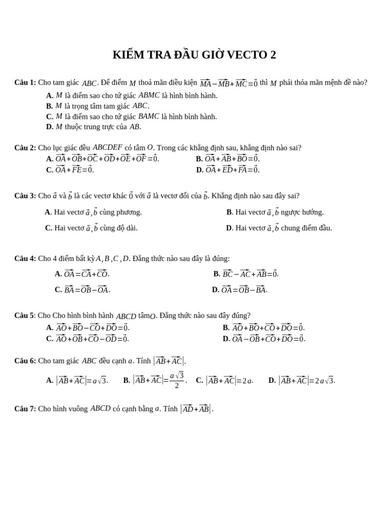 ĐỀ KIỂM TRA ĐẦU GIỜ VECTO 2 | PDF