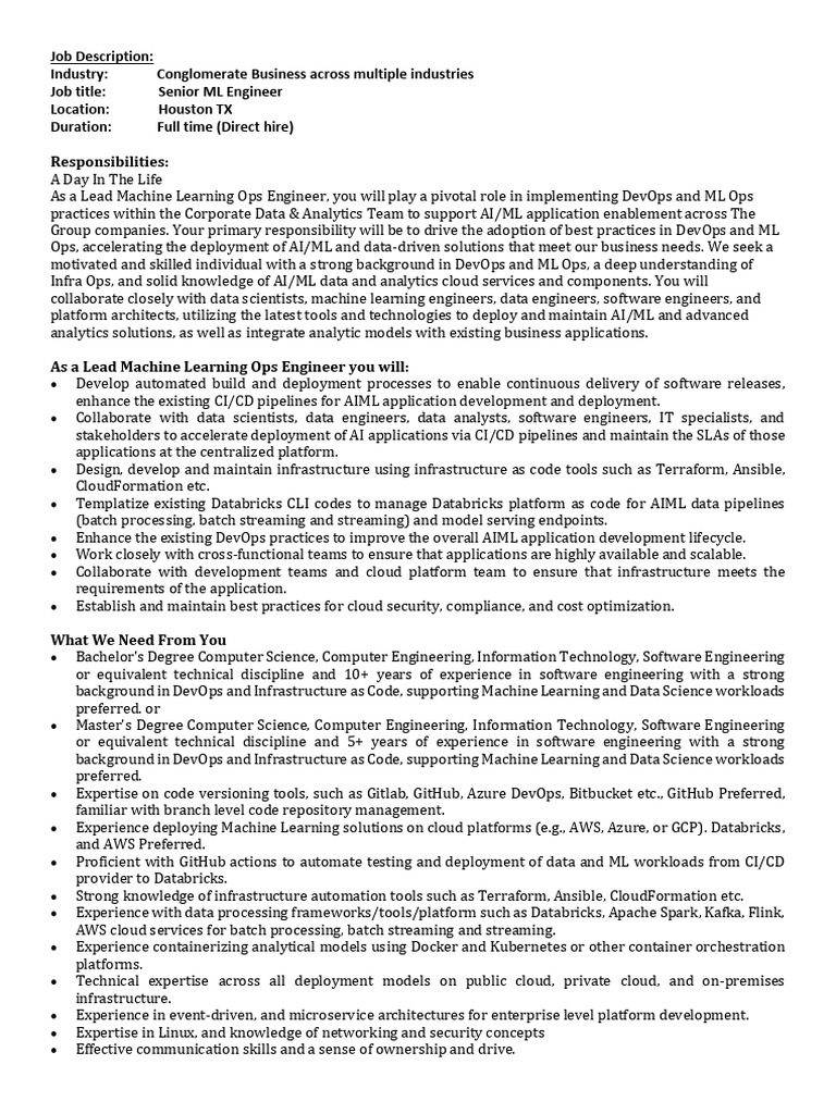 Job Description- Senior ML-Ops Engineer | PDF | Cloud Computing | Engineering