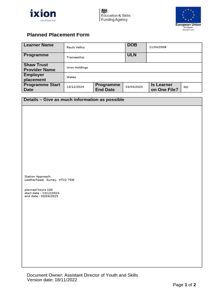 Planned Placement Form - Generic Ixion - Rauls Velkis 2 | PDF