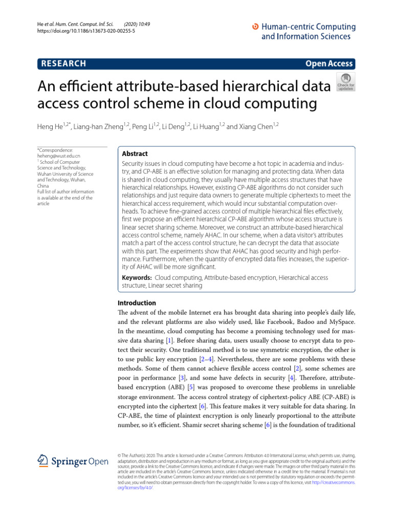 An Efcient Attribute Based Hierarchical Data Access Control Scheme in Cloud Computing | PDF ...