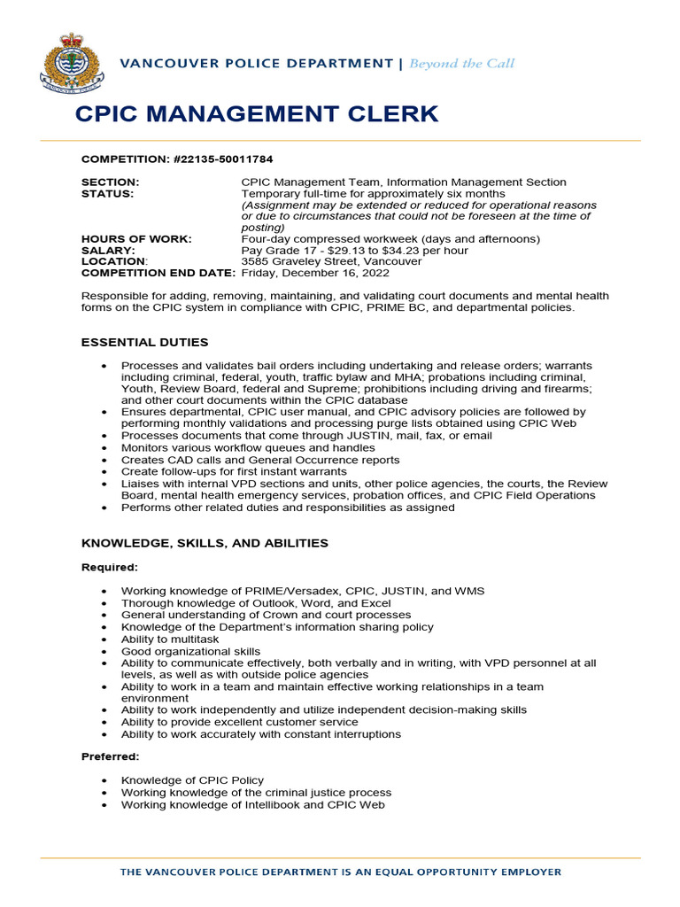 cpic-management-clerk | PDF | Justice | Crime & Violence