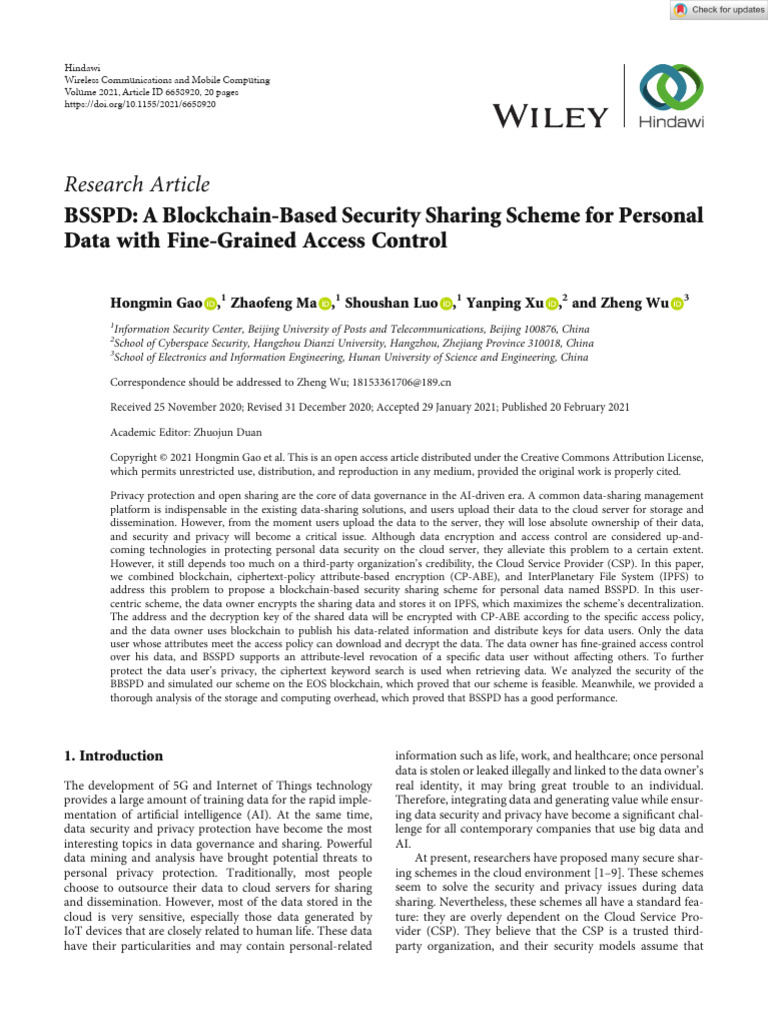 BSSPD - A Blockchain-Based Security Sharing Scheme For PersonalData With Fine-Grained Access ...