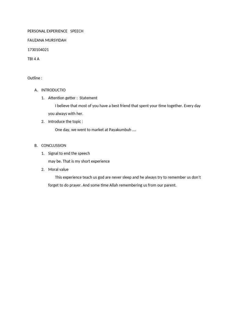 Personal Experience Speech | PDF