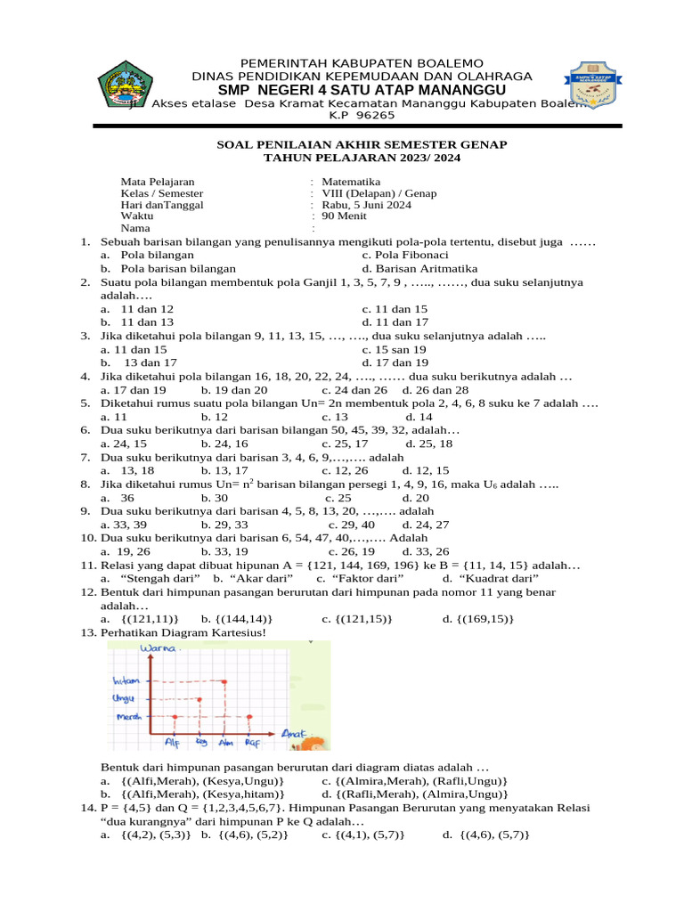 Soal Matematika KLs 8 Genap 2023 | PDF