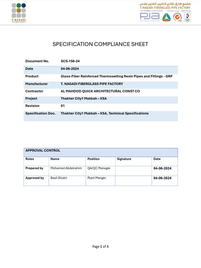 Specification Compliance Sheet - AL MAHDOD QUICK ARCHITECTURAL CONST CO ...