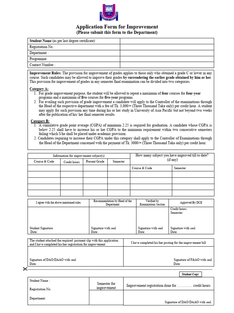 Application Form For Improvement: (Please Submit This Form To The ...