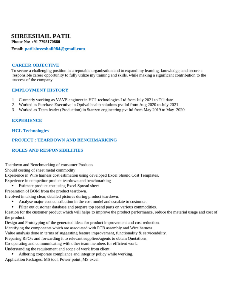 Shreeshail CV - Costing Engineer (1) - 3 | PDF | Benchmarking | Business