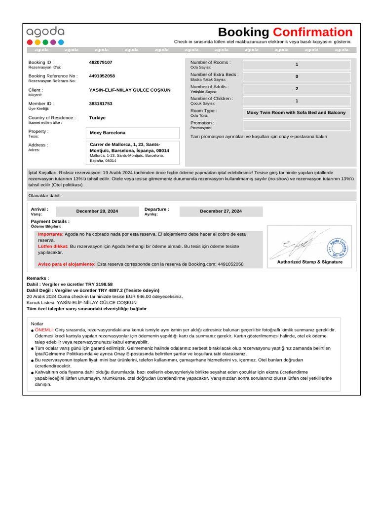 Confirmation For Booking ID # 482079107 | PDF