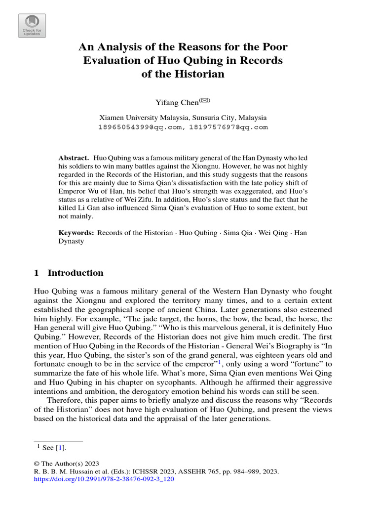An Analysis of The Reasons For The Poor Evaluation of Huo Qubing in ...