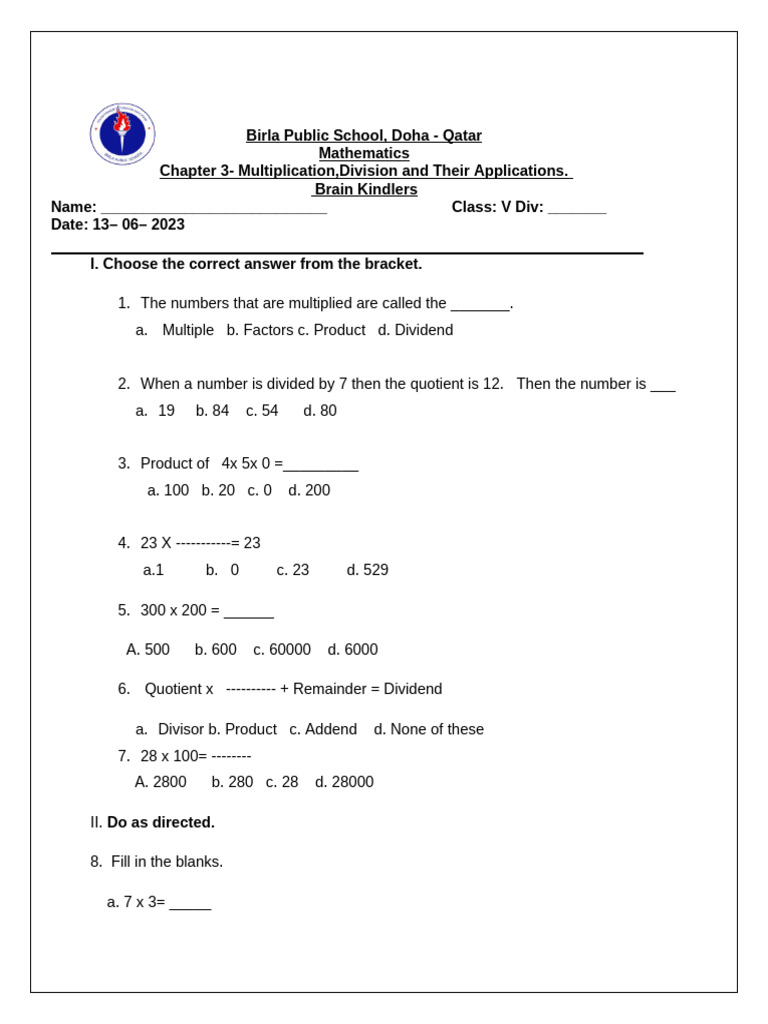 Grade 5 - Math - CH - 3 Multiplication, Division and Their Applications-WS - June 2024 | PDF ...