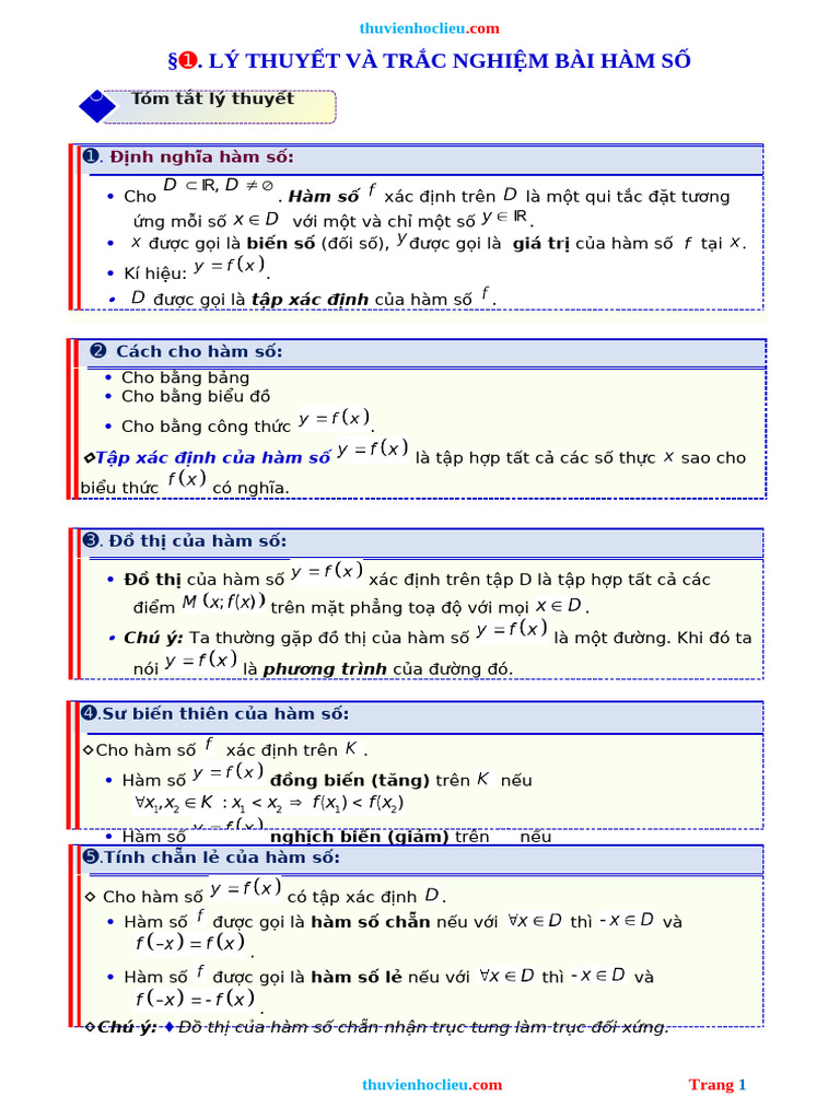 Ly Thuyet Va Trac Nghiem Bai Ham So Toan 10 | PDF