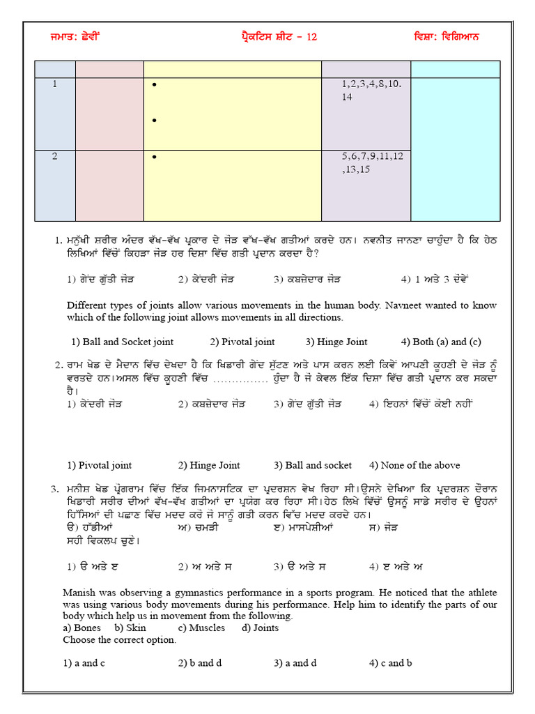 C-6 Science Practice Sheet-12 | PDF | Musculoskeletal System | Skeletal System