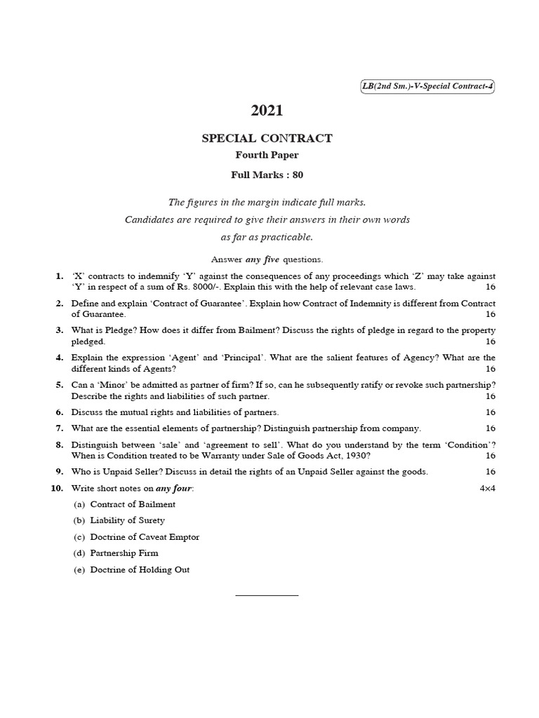 3331sem 2 Paper-IV Special Contract | PDF | Guarantee | Legal Concepts