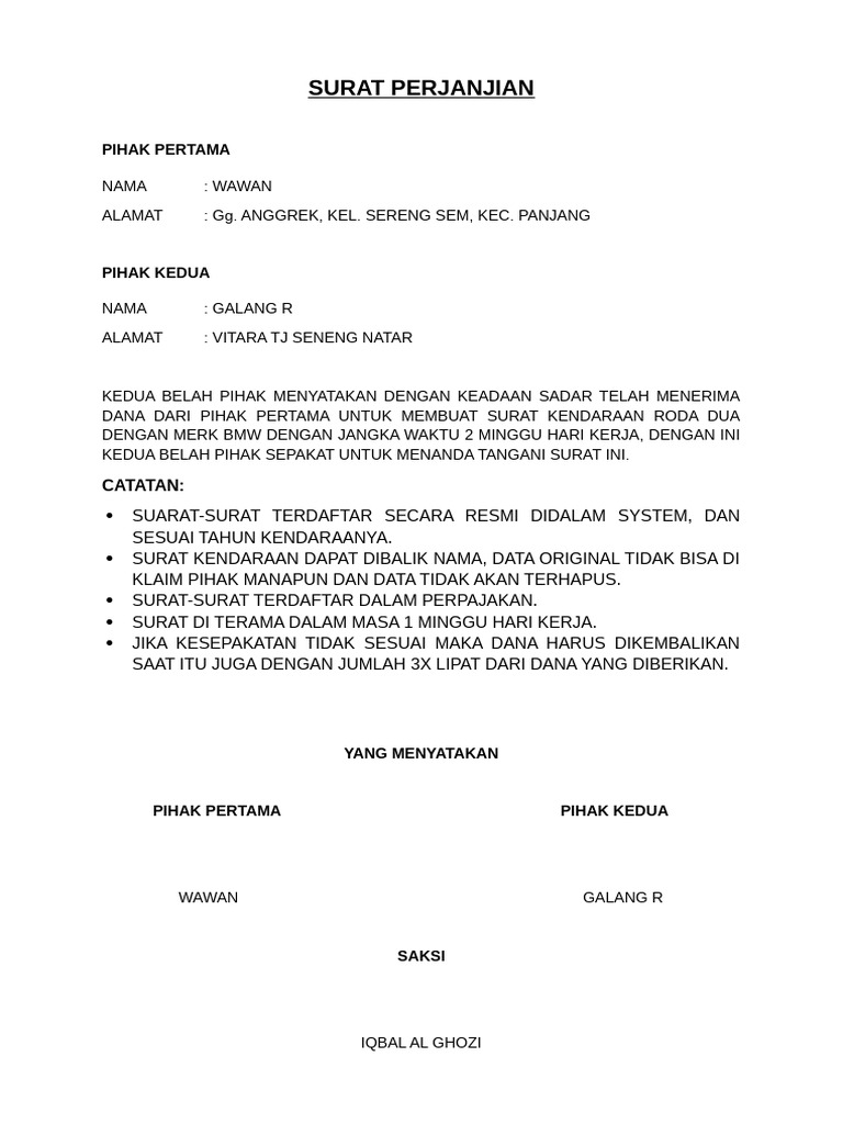 Surat Perjanjian Motor | PDF
