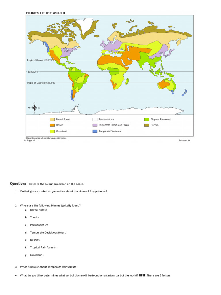 Biomes Map and Questions | PDF | Language Arts & Discipline | Home & Garden