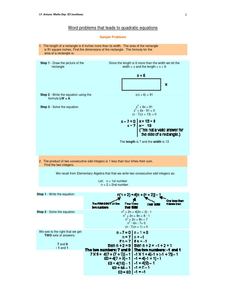Quadratic Word Problems Guide | PDF | Area | Length