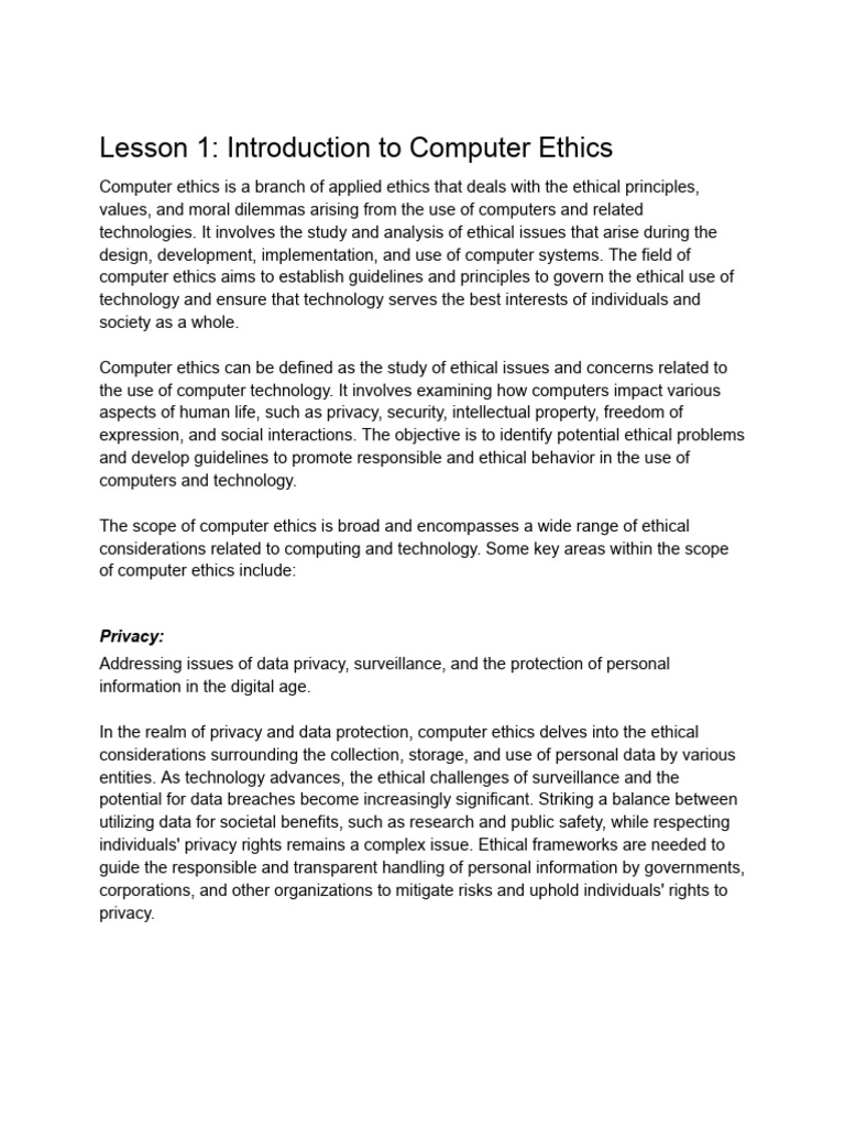 Lesson 1 Introduction To Computer Ethics Pdf Artificial Intelligence Intelligence Ai