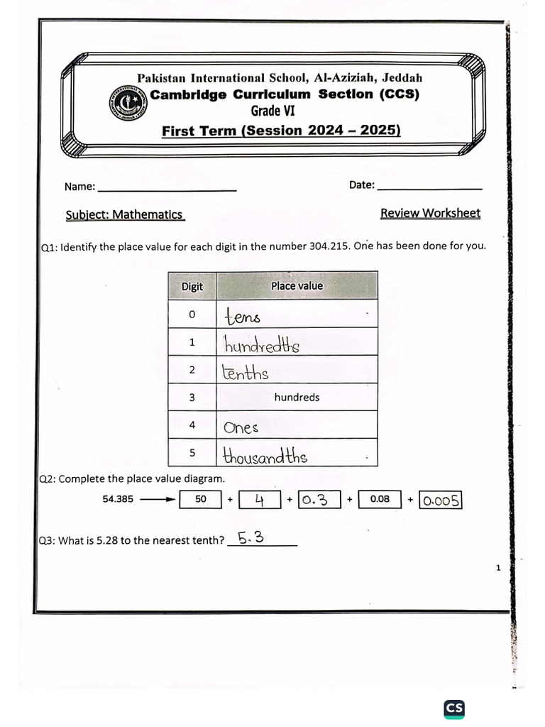 Grade 6 Math Review Worksheet Ans Key | PDF