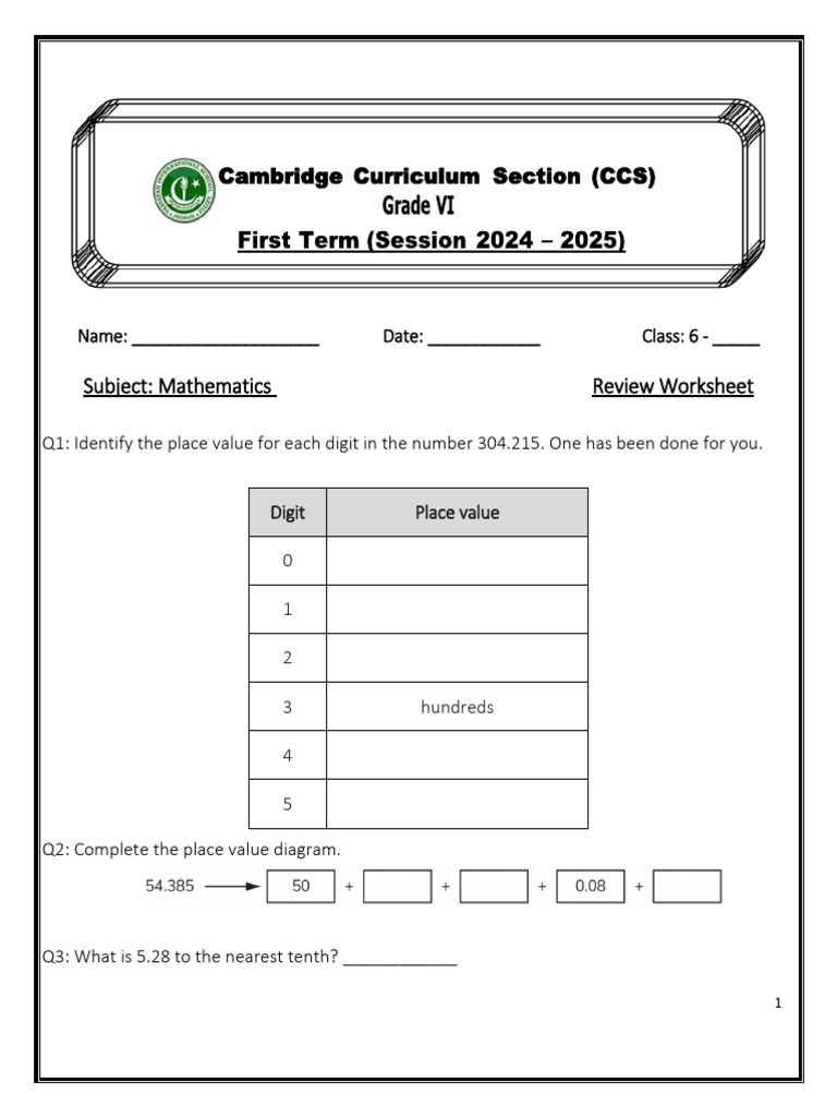 Grade 6 First Term Review Worksheet | PDF | Mathematics | Elementary ...