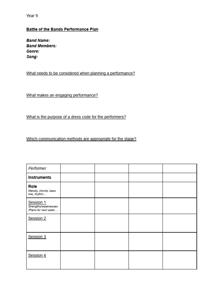 Battle of The Bands Performance Plan | PDF