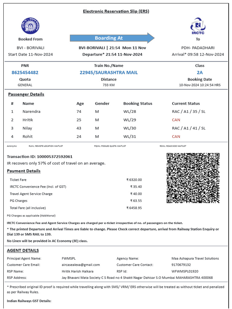 Electronic Reservation Slip for Train 22945 | PDF | Passenger Rail ...