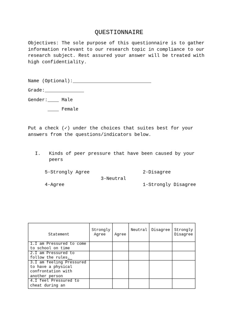 Peer Pressure Impact Questionnaire | PDF