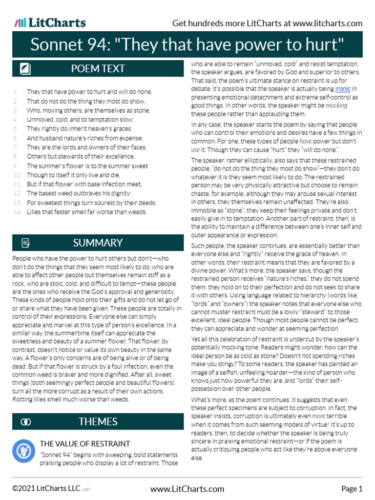 LitCharts Sonnet 94 They That Have Power To Hurt | PDF | Shakespeare's ...