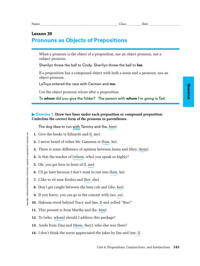 Pronouns As Objects of Prepositions: Lesson 39 | PDF | Semantic Units ...
