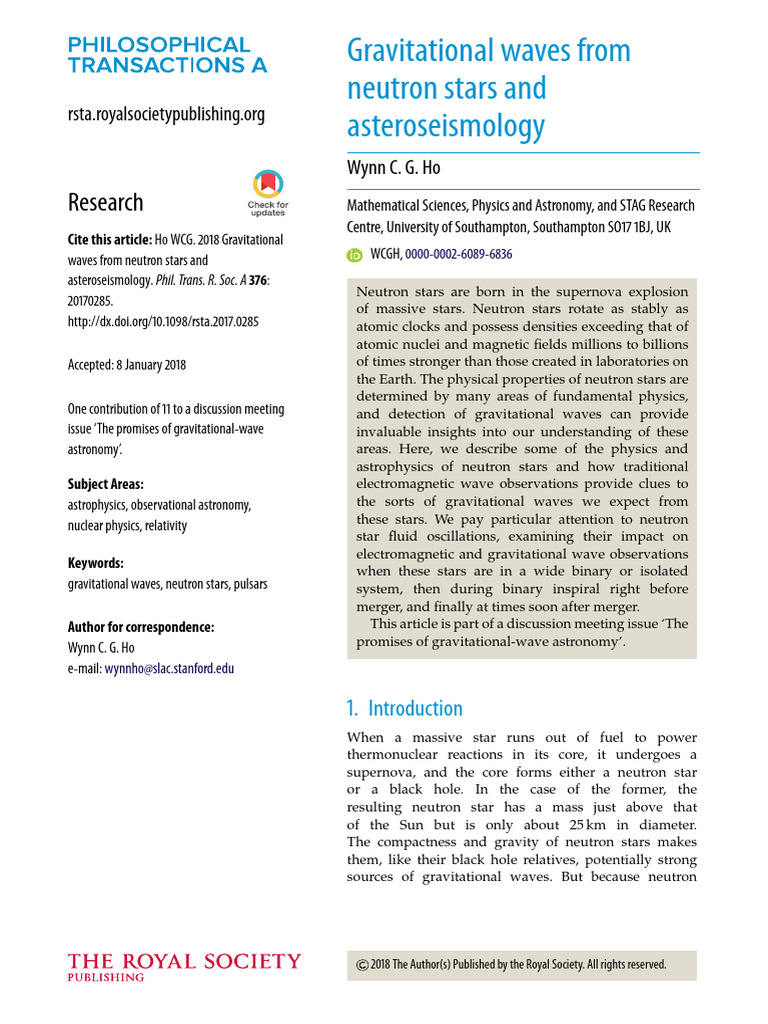 Ho 2018 Gravitational Waves From Neutron Stars and Asteroseismology | PDF | Gravitational Wave ...
