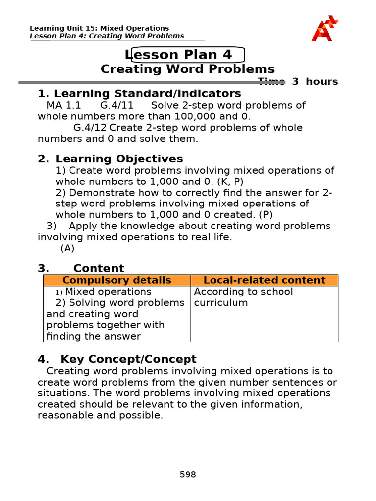 Lesson Plan 15-4 Creating Word Problems | PDF | Learning | Thought