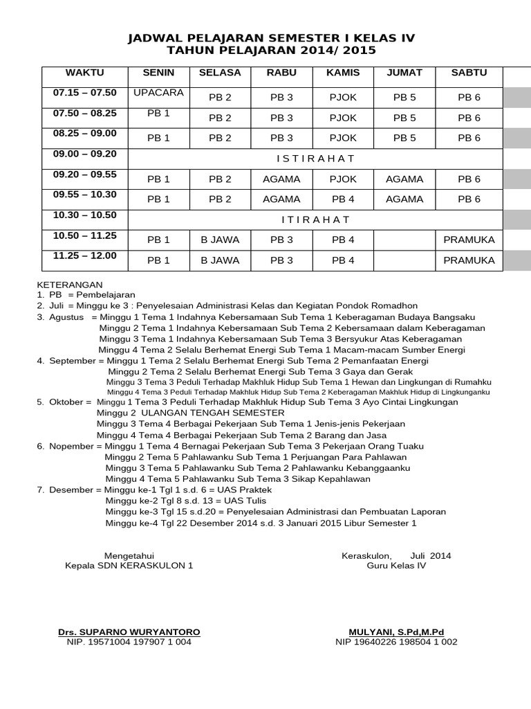 Jadwal Pelajaran Kelas IV Semester 1 | PDF