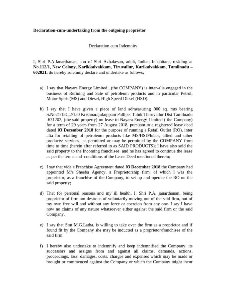 Proprietor Transition Declaration | PDF | Indemnity | Contract Law