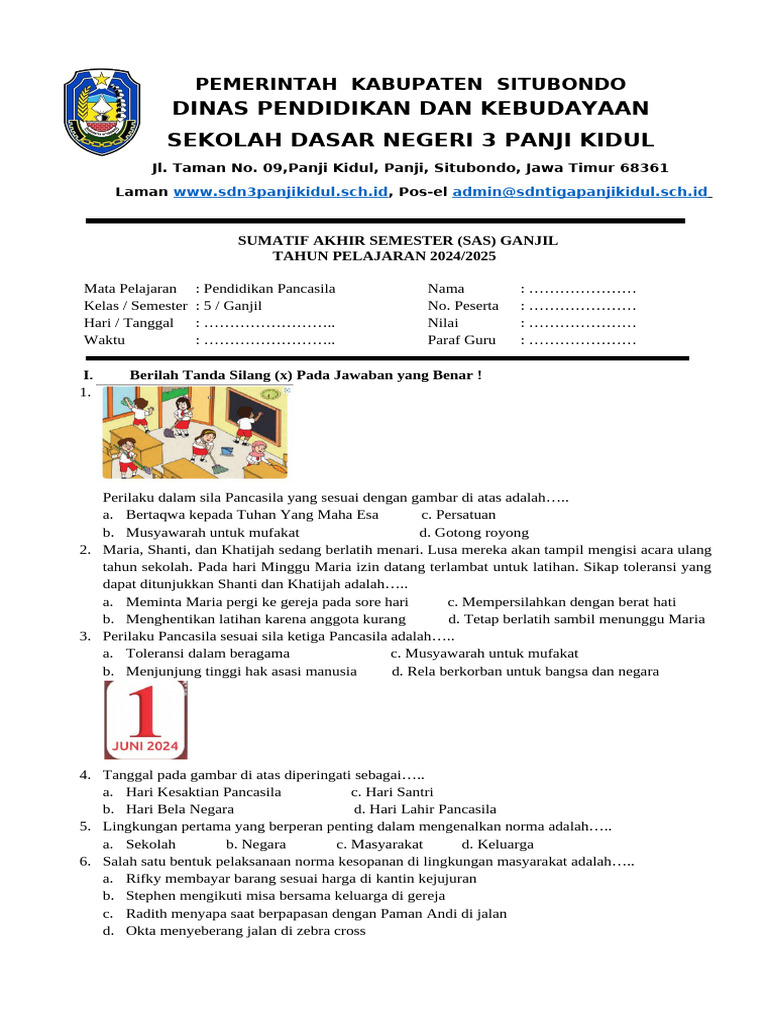 SOAL SAS PKN KELAS 5 SMT 1 2024-2025 | PDF