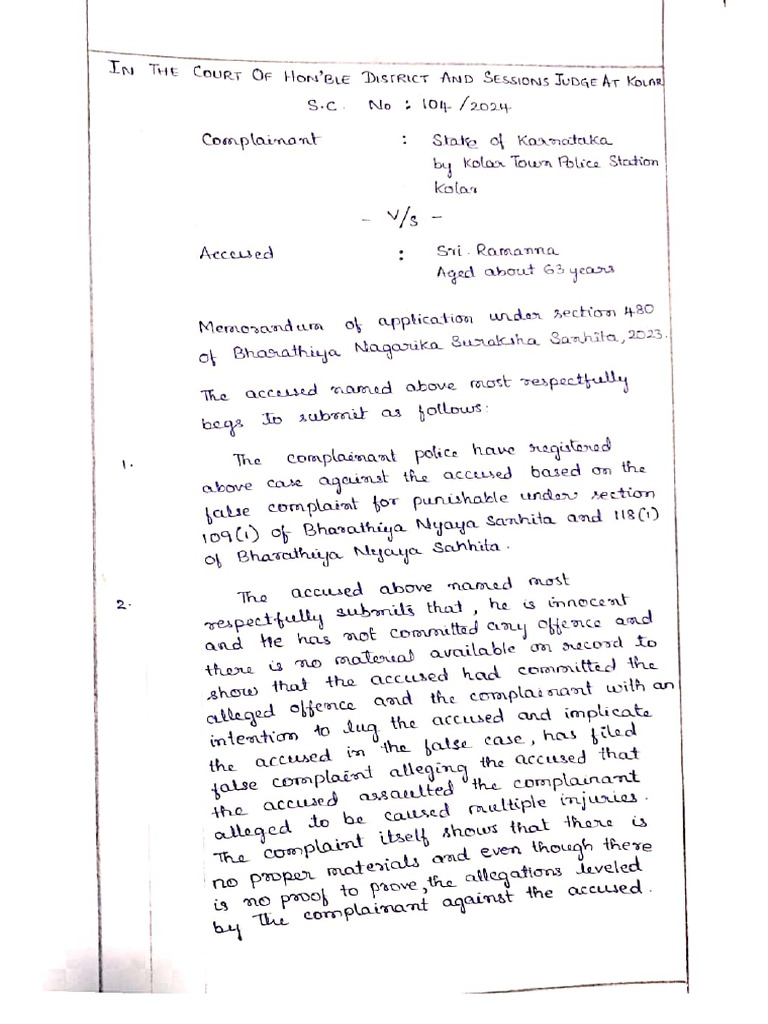 Bail Application For Non Bailable Offence 109 (1), 118 (1) of BNSS | PDF