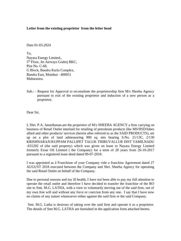 Letter From Existing Proprietor | PDF | Consent | Law Of Obligations