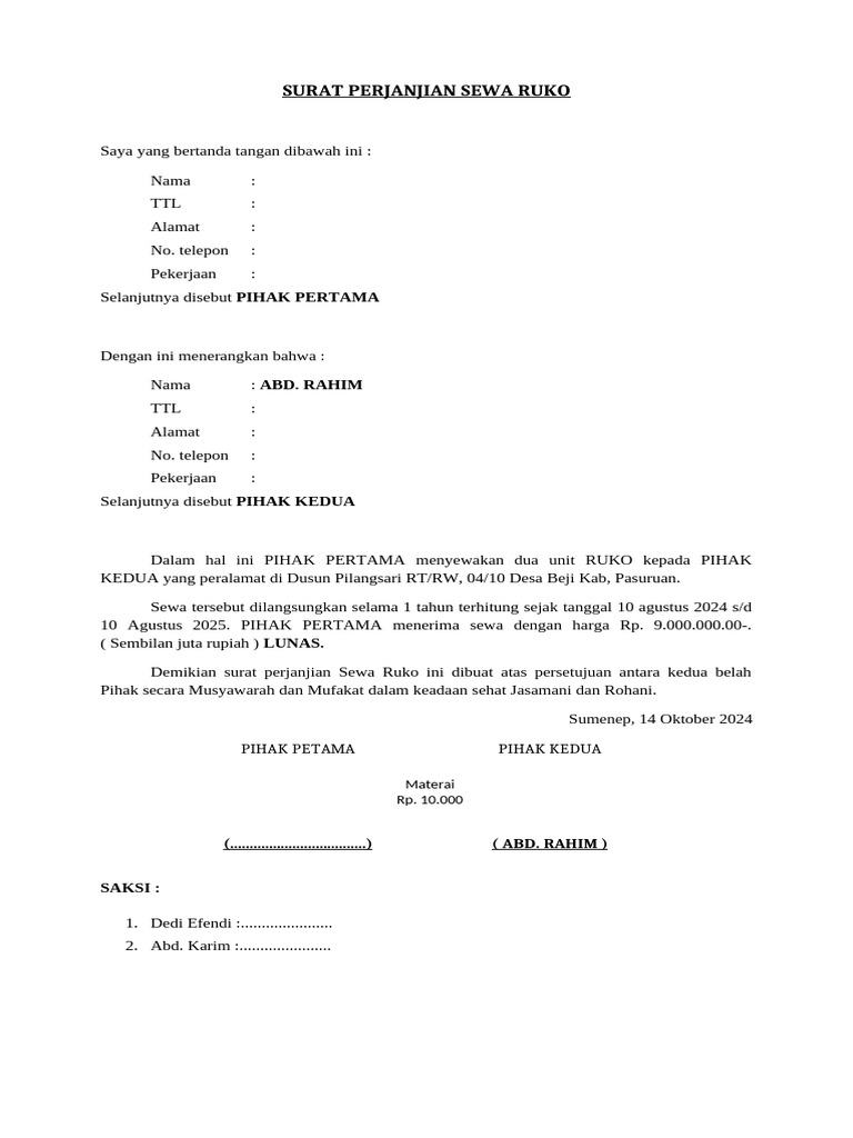Surat Perjanjian Sewa Ruko 2024-2025 | PDF
