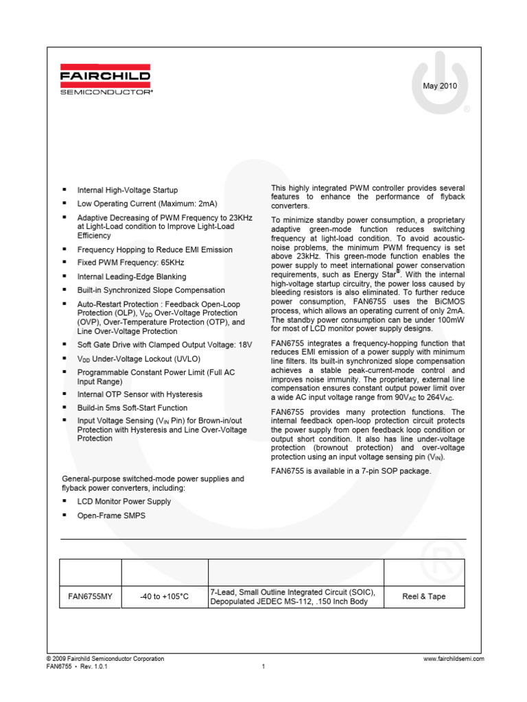 FAN6755 Highly Integrated Green-Mode PWM Controller: Features Description | PDF | Power Supply ...