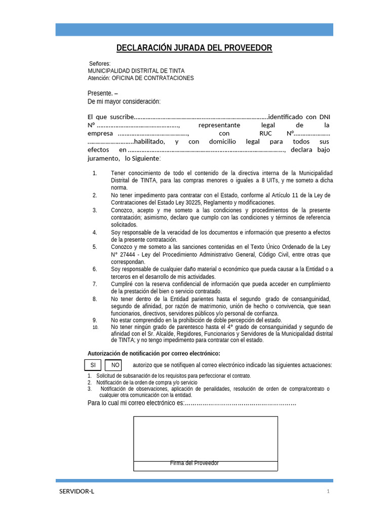 Declaración Jurada Del Proveedor | PDF