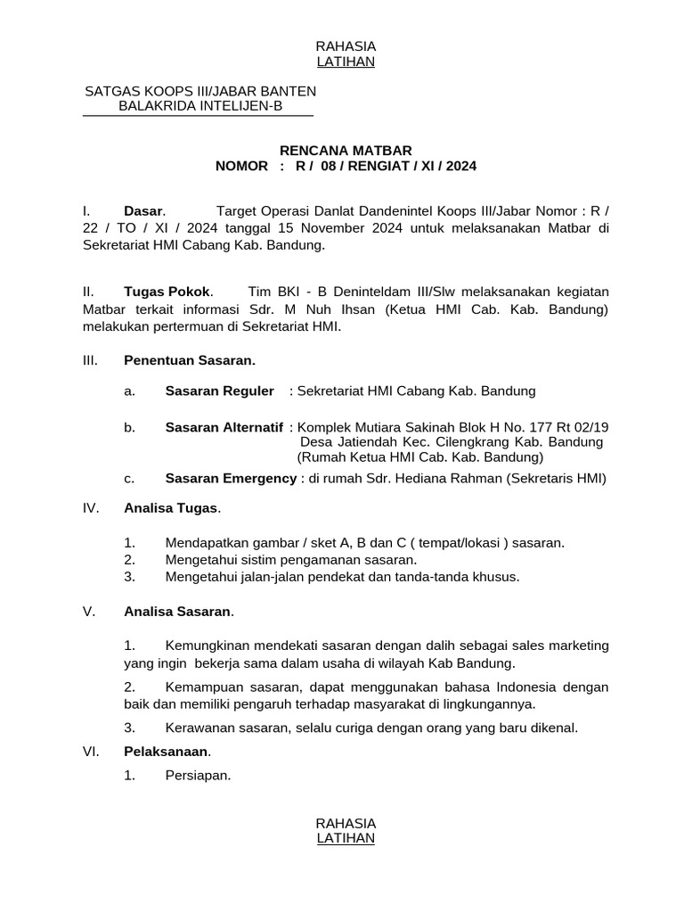 Rencana Matbar Satgas Koops III Jabar | PDF