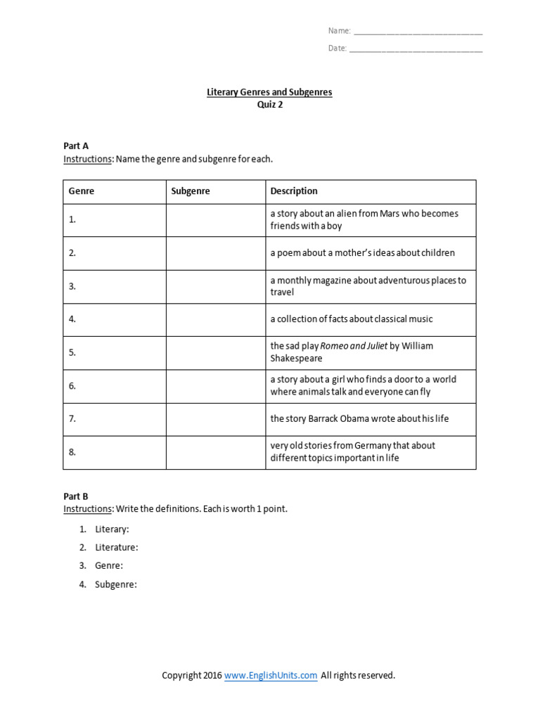 Literary Genres and Subgenres Quiz 2 | PDF | General Fiction