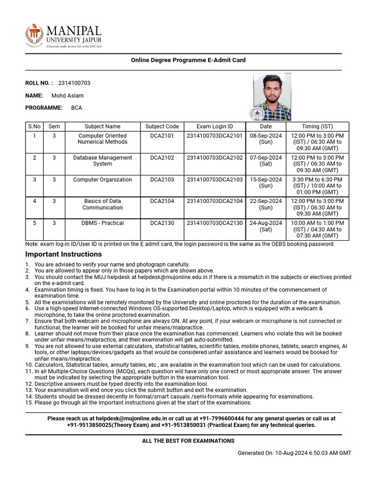 BCA E-Admit Card for Online Exams | PDF | Databases | Computing