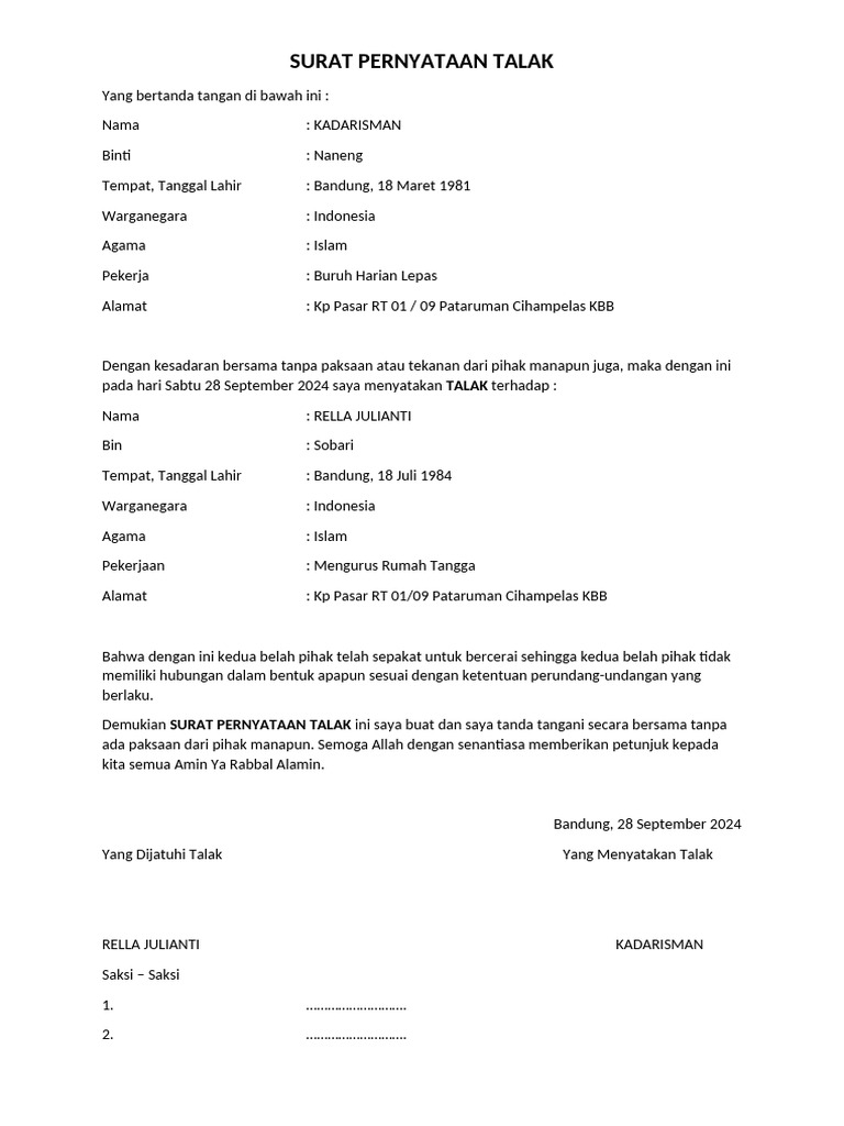 Surat Pernyataan Talak - Docx1 | PDF
