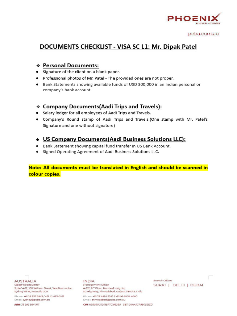 Visa SC L1 Document Checklist for Mr. Patel | PDF | Law