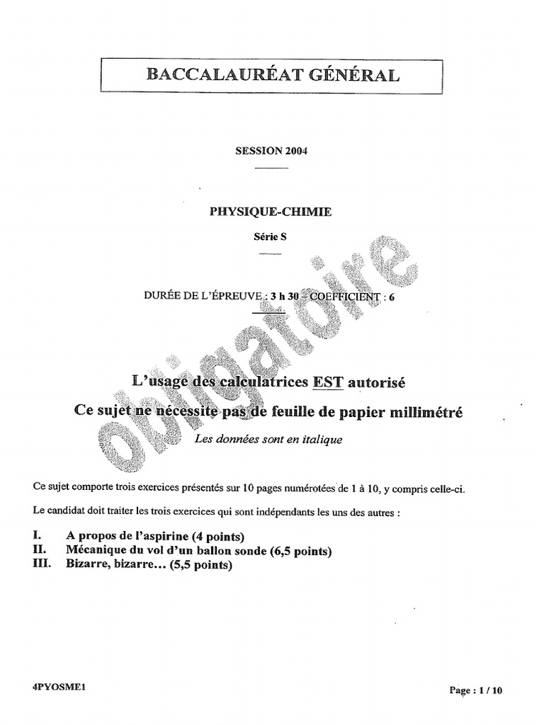 S Physique Chimie Obligatoire 2004 Metropole Sujet | PDF
