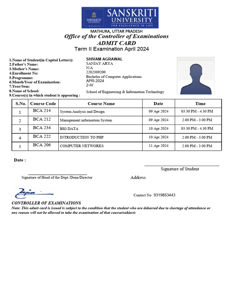 BCA Admit Card April 2024 Exam | PDF