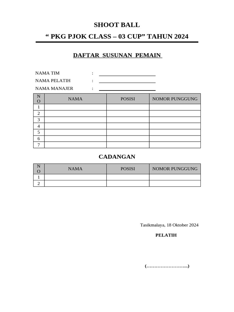 Shoot Ball " PKG Pjok Class - 03 CUP" TAHUN 2024: Daftar Susunan Pemain | PDF