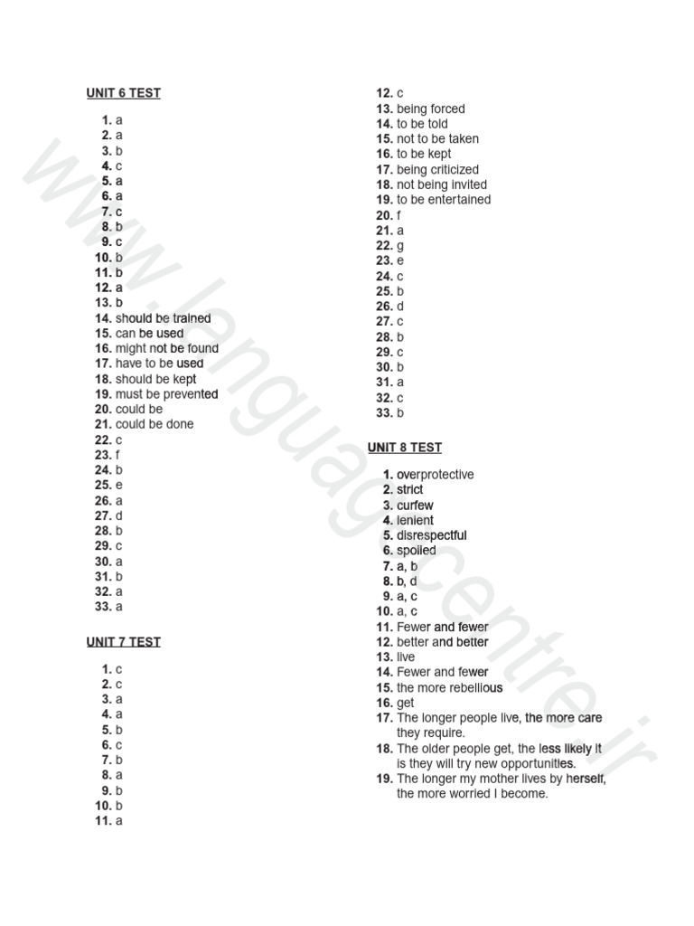 Summit 1B Unit Tests Answer Key | PDF