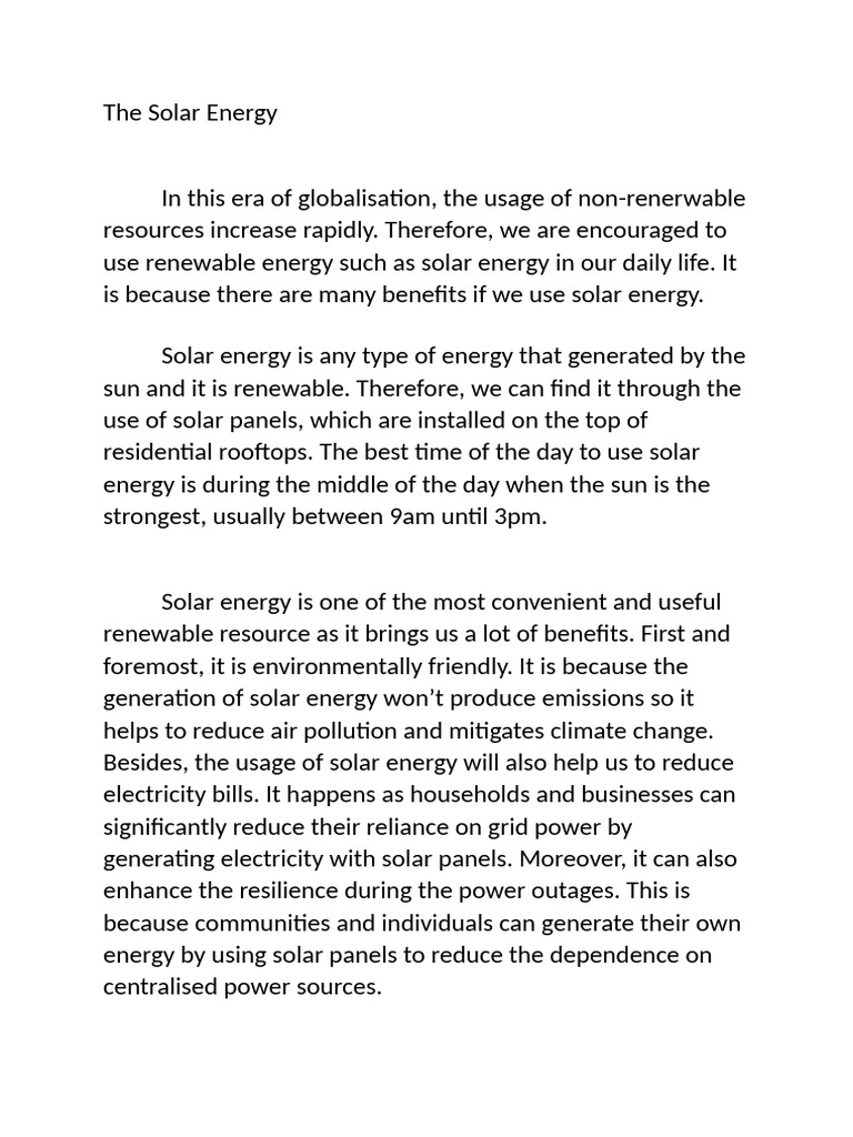 Essay-The Solar Energy | PDF | Home & Garden | Technology & Engineering
