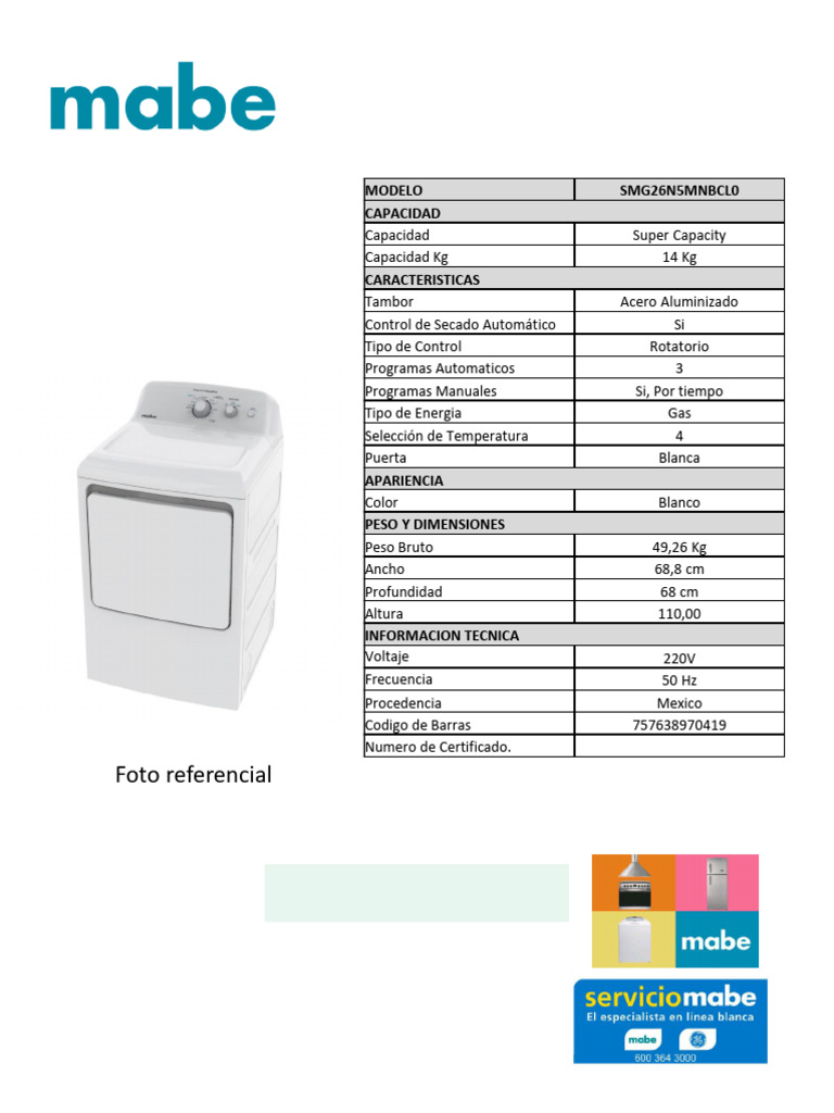 Secadora a Gas Kraken 14 Kg Ficha Técnica | PDF